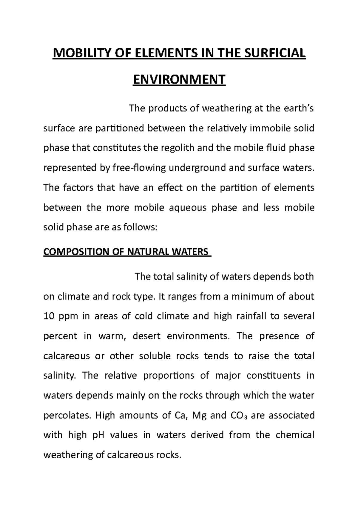 Mobility of Elements - MOBILITY OF ELEMENTS IN THE SURFICIAL ...