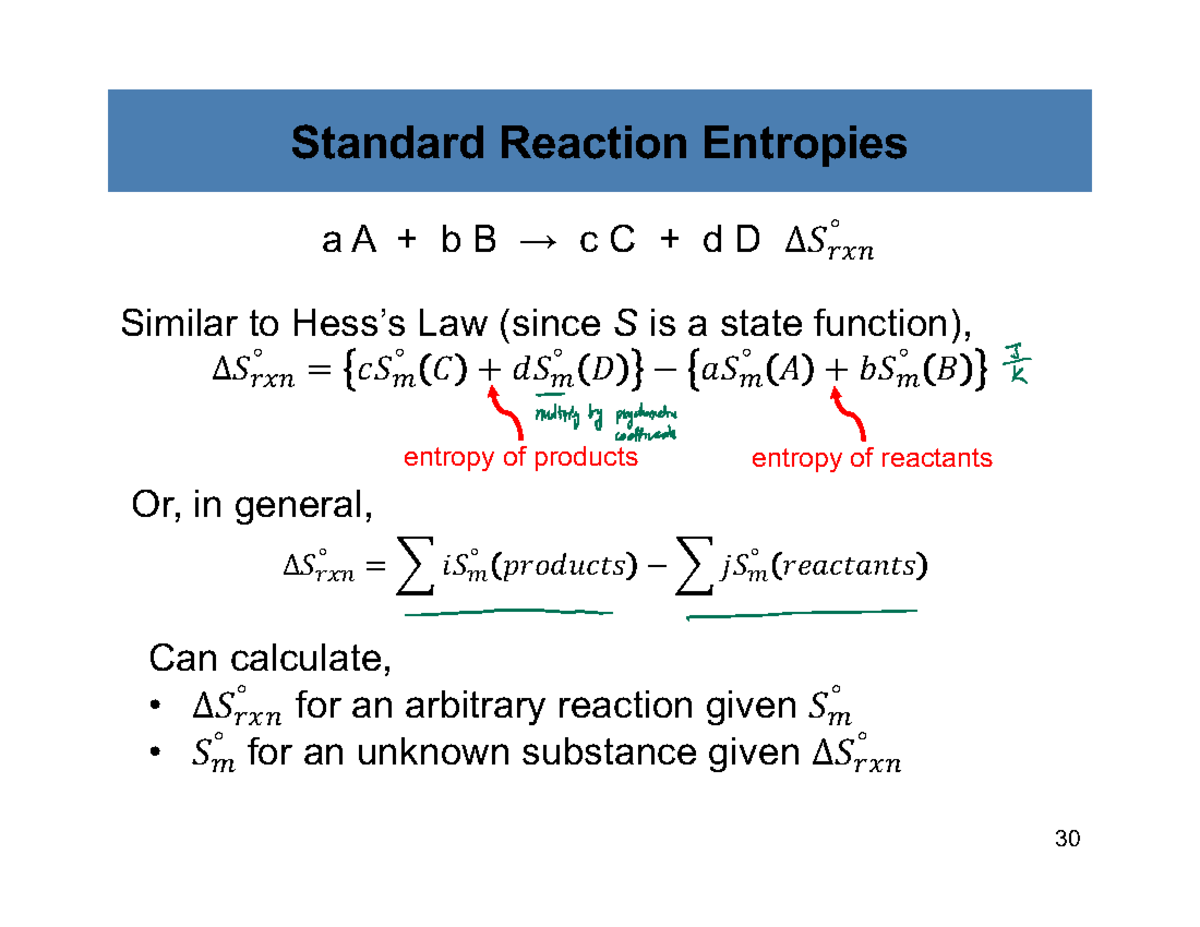 CHEM 6B week 6 notes - Standard Reaction Entropies 30 Similar to Hess’s ...