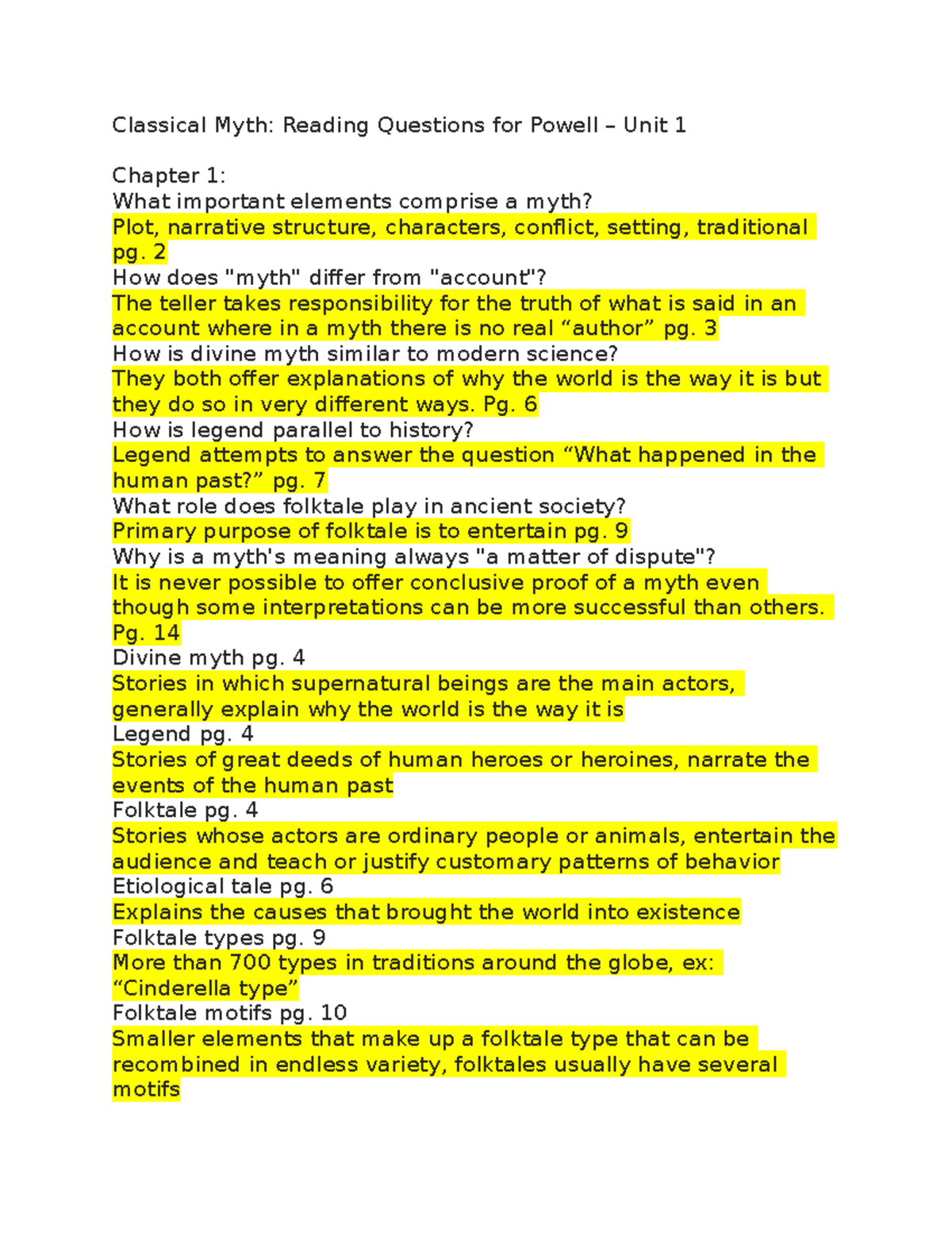 Ch.1-9 study questions - Classical Myth: Reading Questions for Powell ...