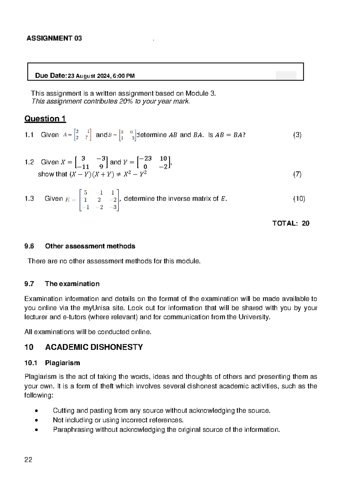 MAT2691-Assignment 3-2024 - . Due Date: This assignment is a written ...