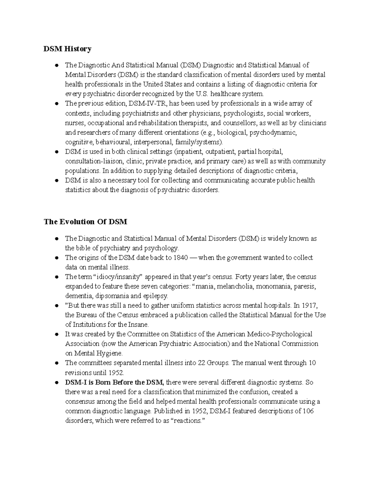 DSM History - Notes - DSM History The Diagnostic And Statistical Manual ...
