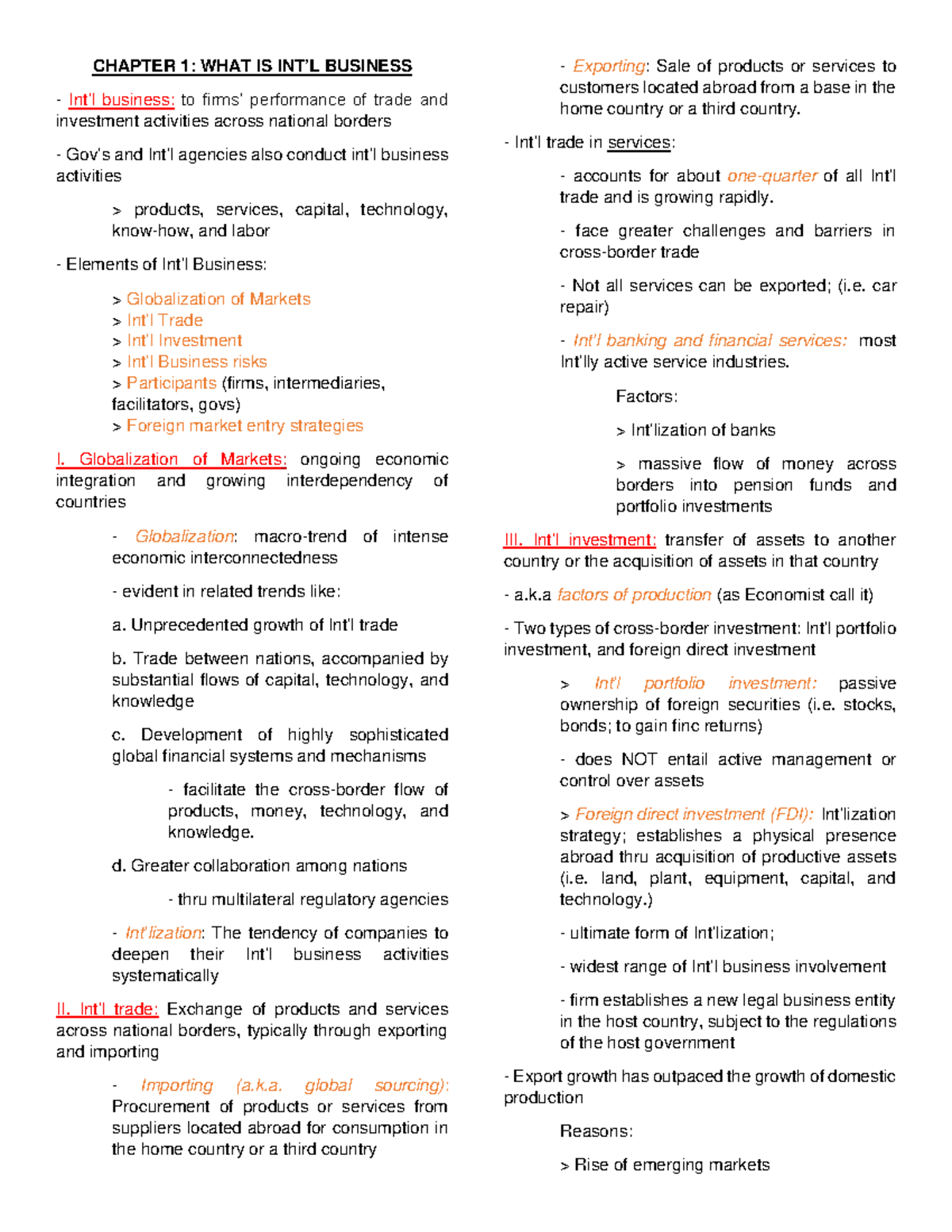 INBT notes - CHAPTER 1: WHAT IS INT’L BUSINESS Int’l business: to firms ...