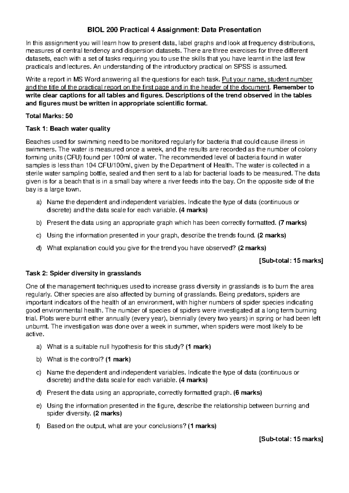 Prac 4 Assignment (Water quality-Spiders-Sharks) - BIOL 200 Practical 4 Assignment: Data - Studocu
