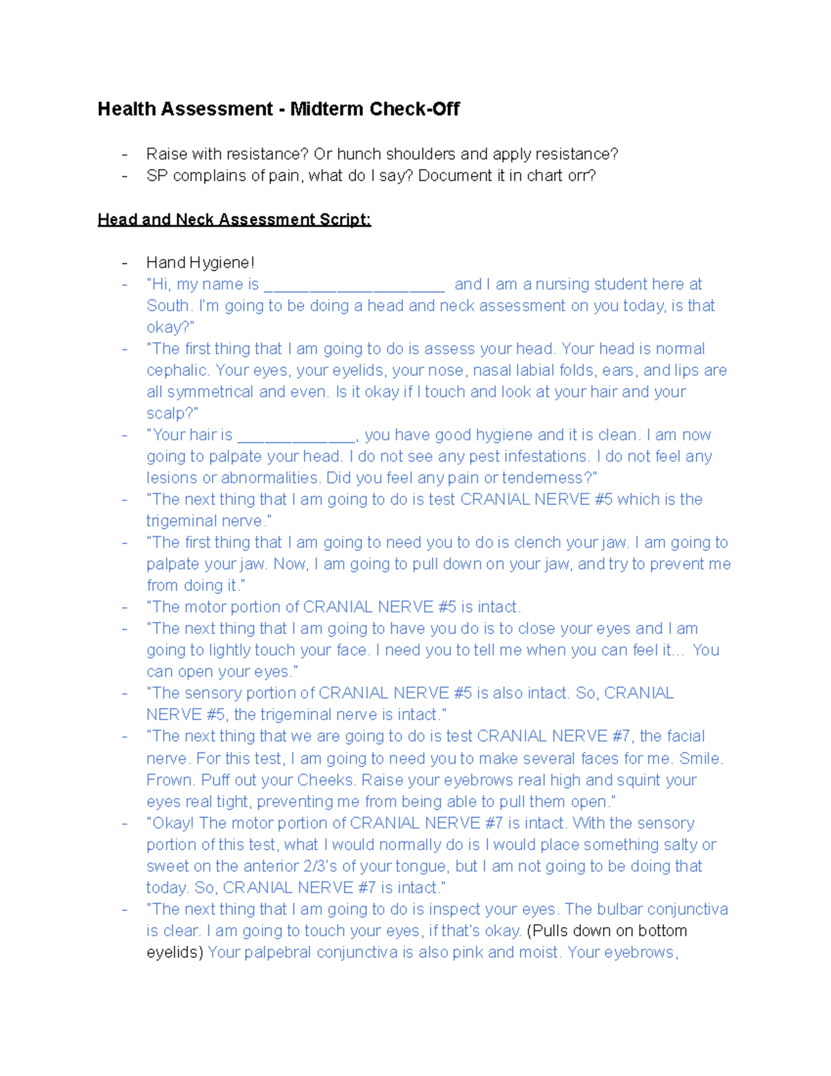 Mid term health assessment scripts - Health Assessment - Midterm Check ...