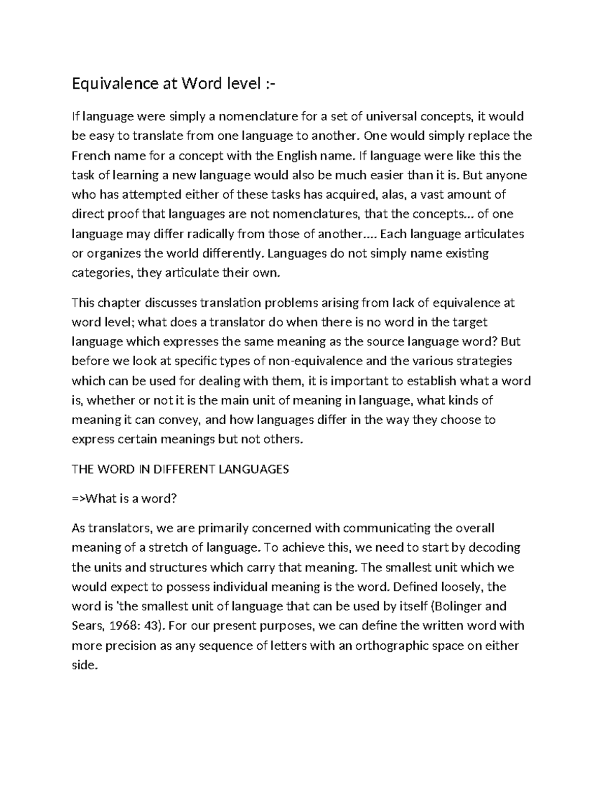 Equivalence at word level in Translation Studies - Equivalence at Word level :- If language were ...