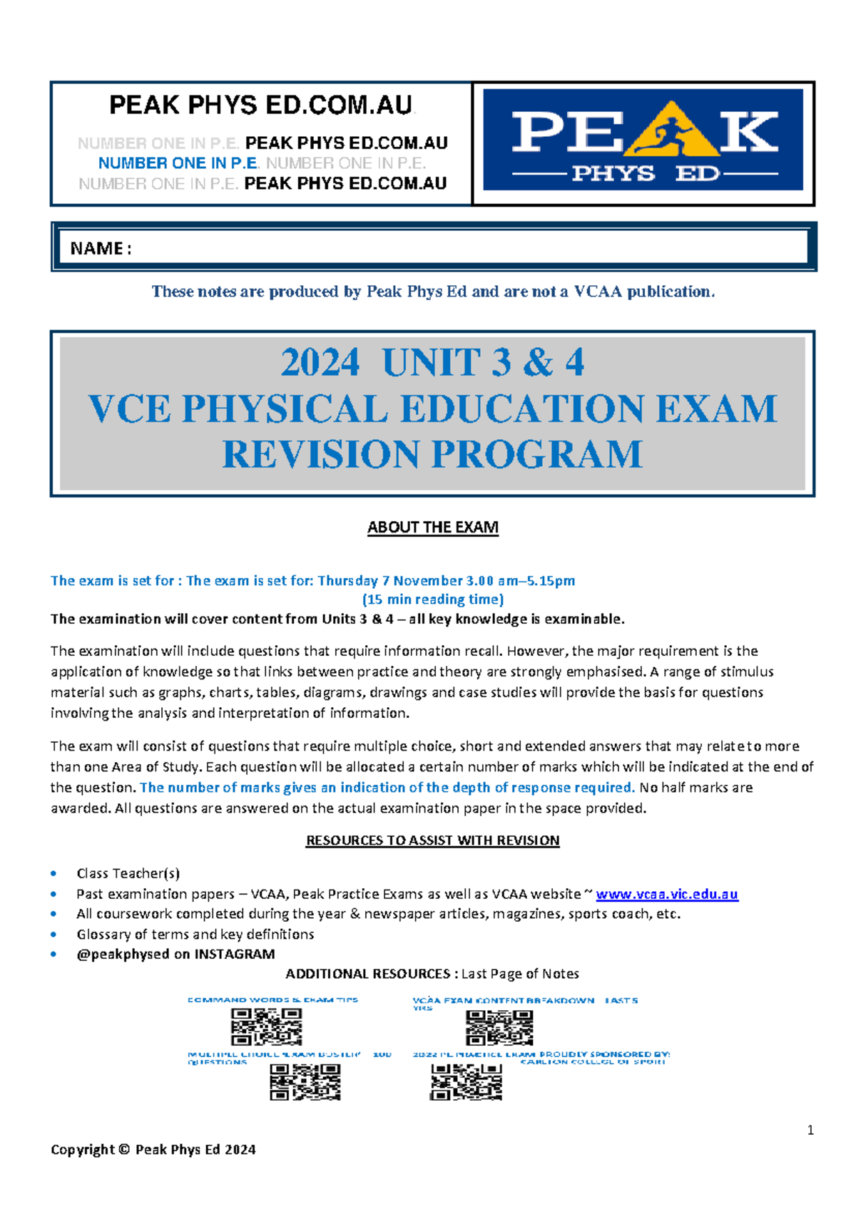 Unit 3&4 summary notes - idk - 1 PEAK PHYS ED.COM. NUMBER ONE IN P ...