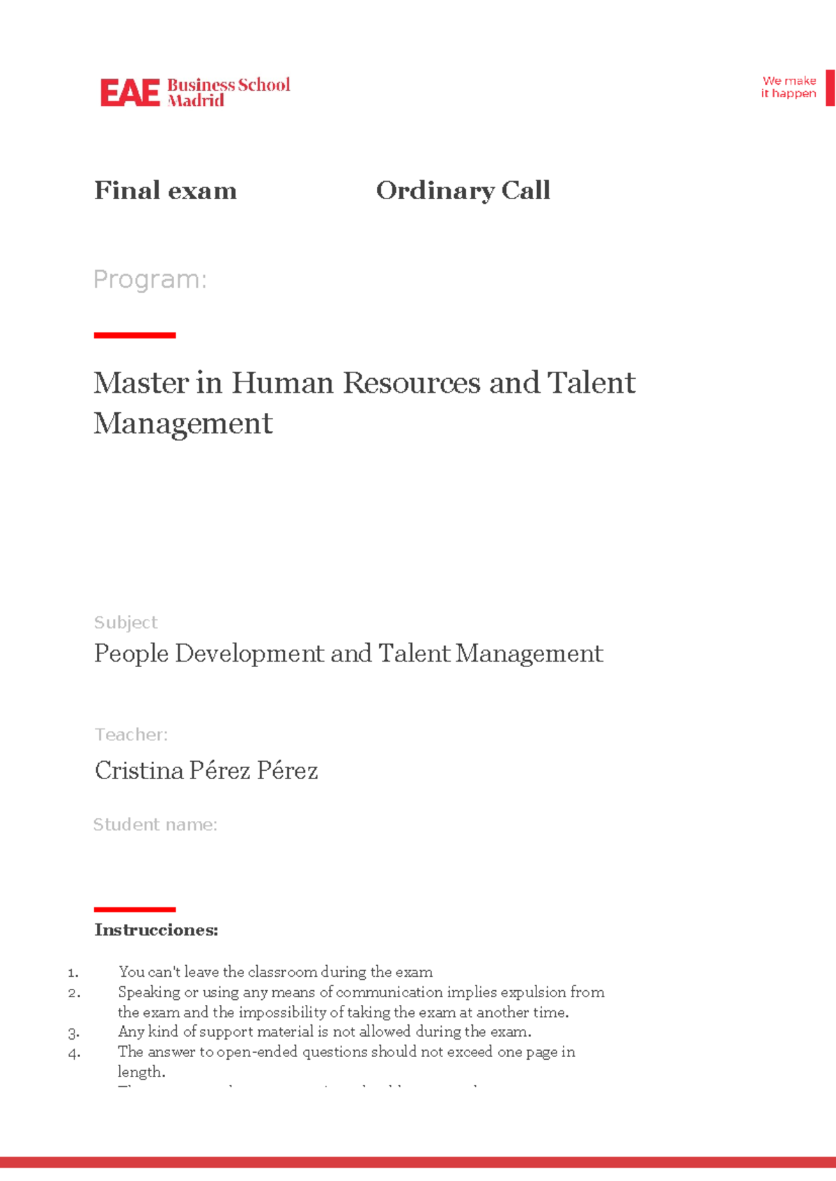 Final exam People Development - Master in Human Resources and Talent ...