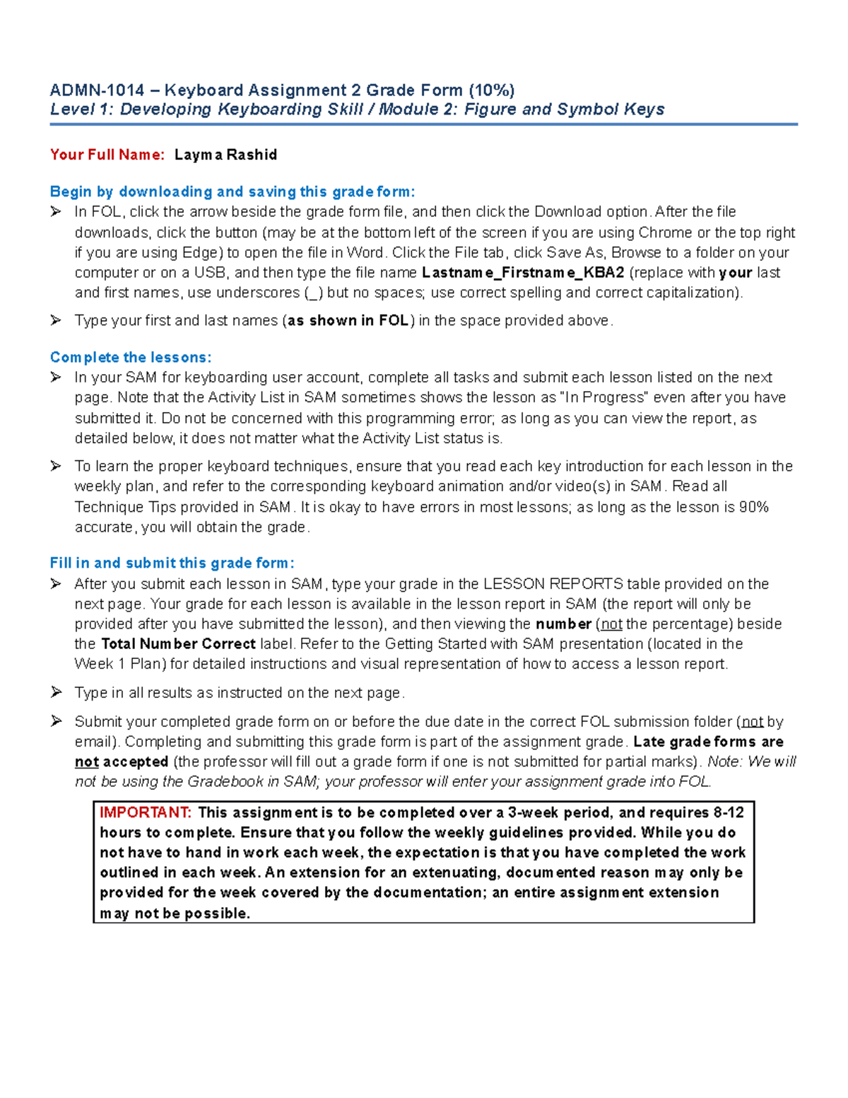 Rashid Layma KBA2 - KBA2 - ADMN-1014 – Keyboard Assignment 2 Grade Form ...