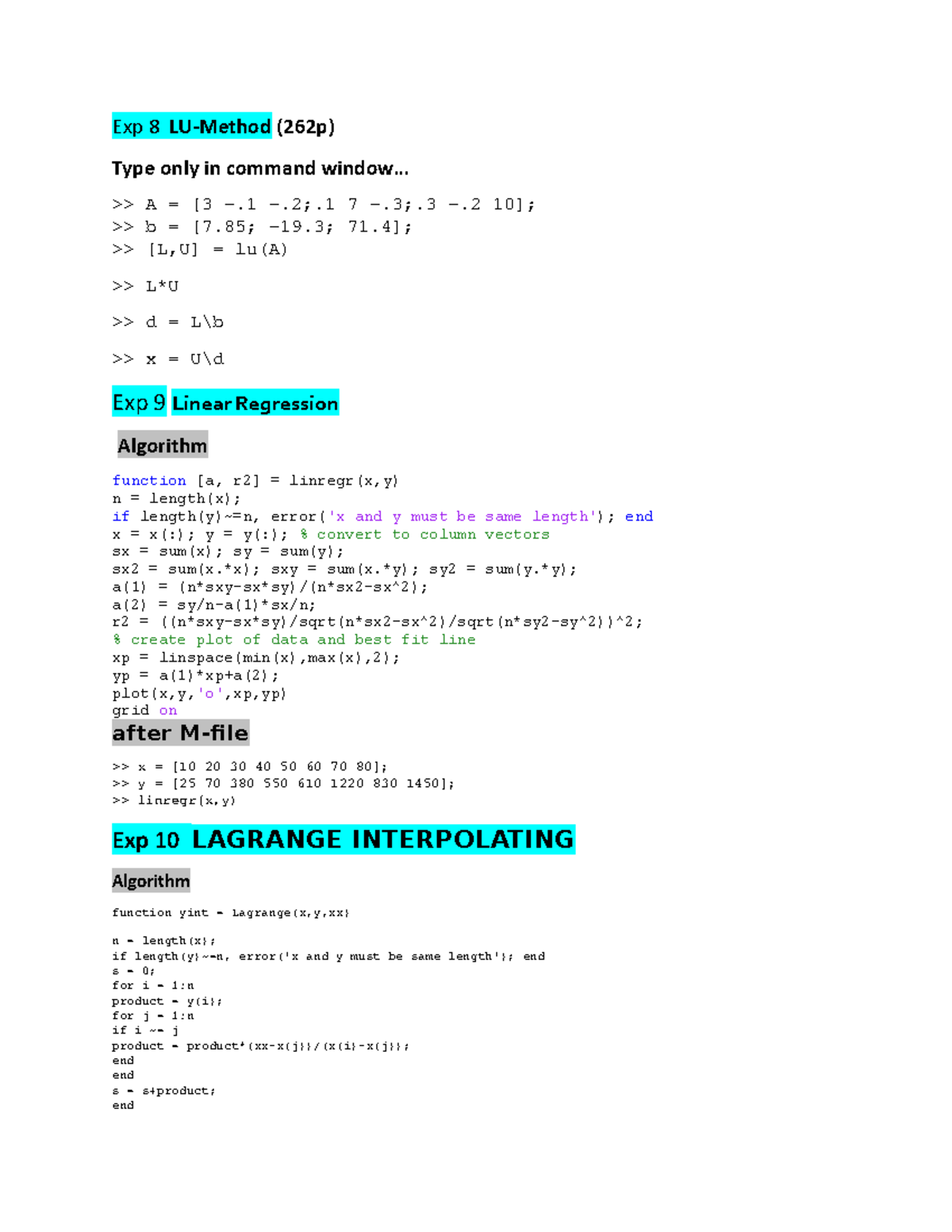 Matlab experiments - Exp 8 LU-Method (262p) Type only in command window ...