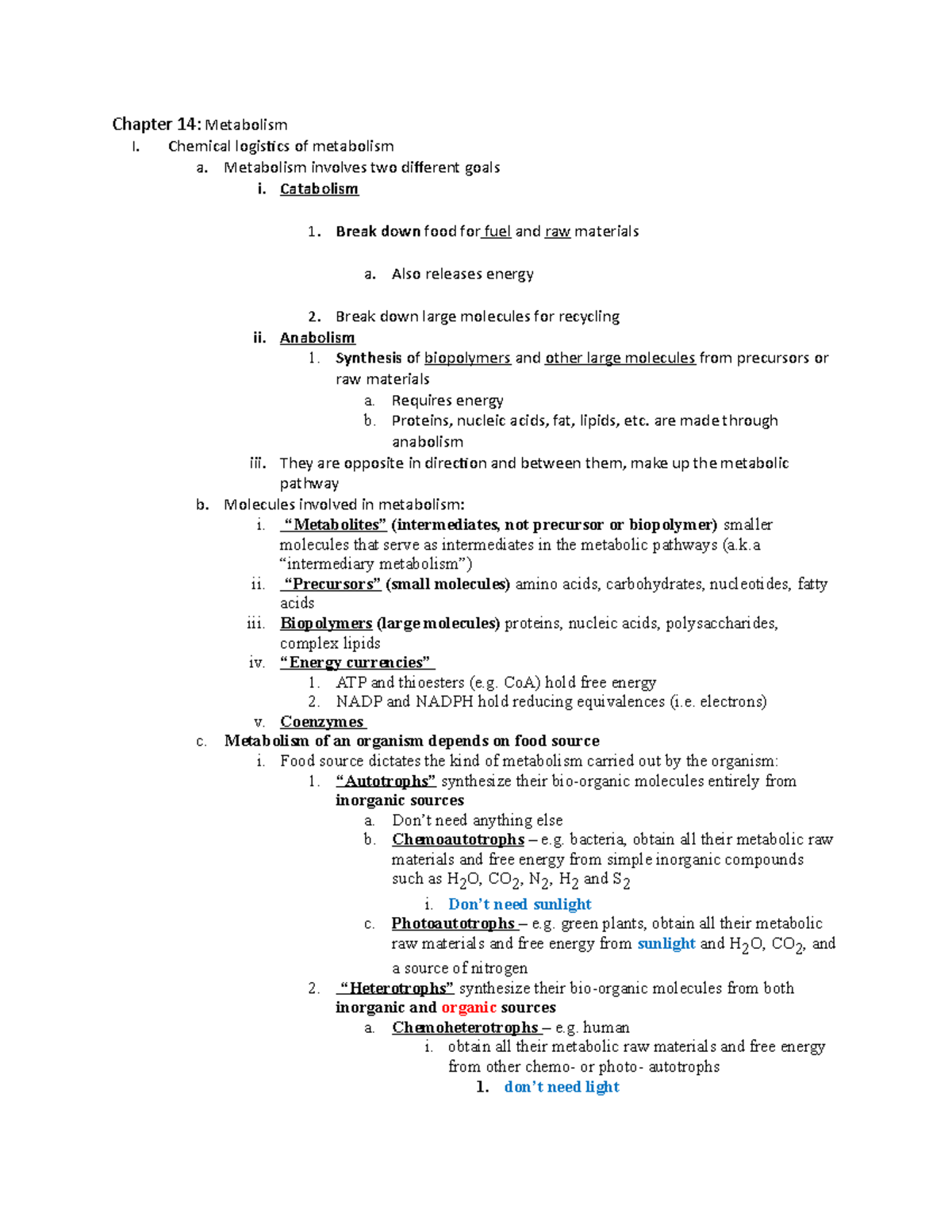 2020 Biochemistry lecture notes lecture 15 - Chapter 14: Metabolism I ...