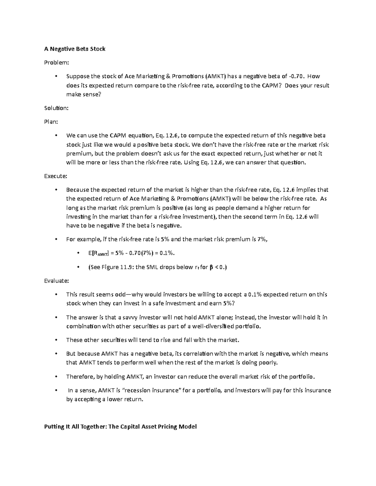 Lecture Notes 11e - A Negative Beta Stock Problem: - Suppose the stock ...