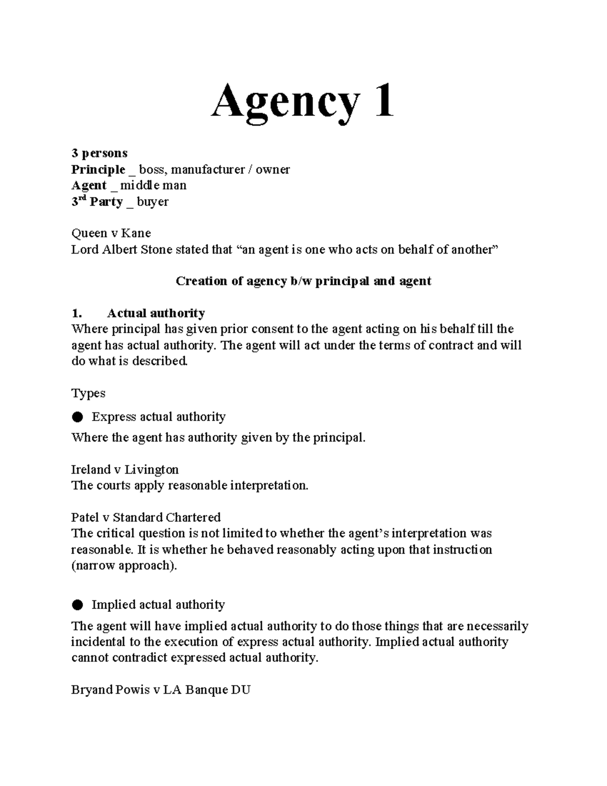 Agency 1 - basic but summarized notes - Agency 1 3 persons Principle ...