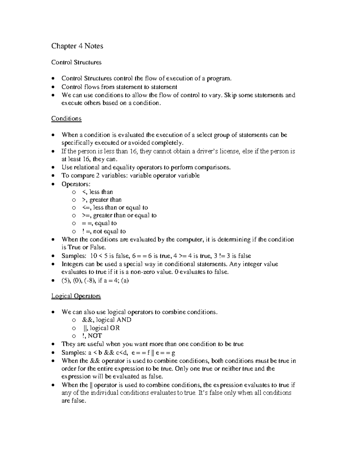 Chapter 4 Notes part 1 - Chapter 4 Notes Control Structures Control ...