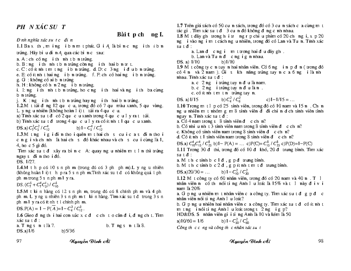 Bai tap XSTK - bài tập - PHẦ N XÁC SUẤ T Bài tập chư ơng I. Định nghĩa xác suất cổ điển 1 Ba xạ ...