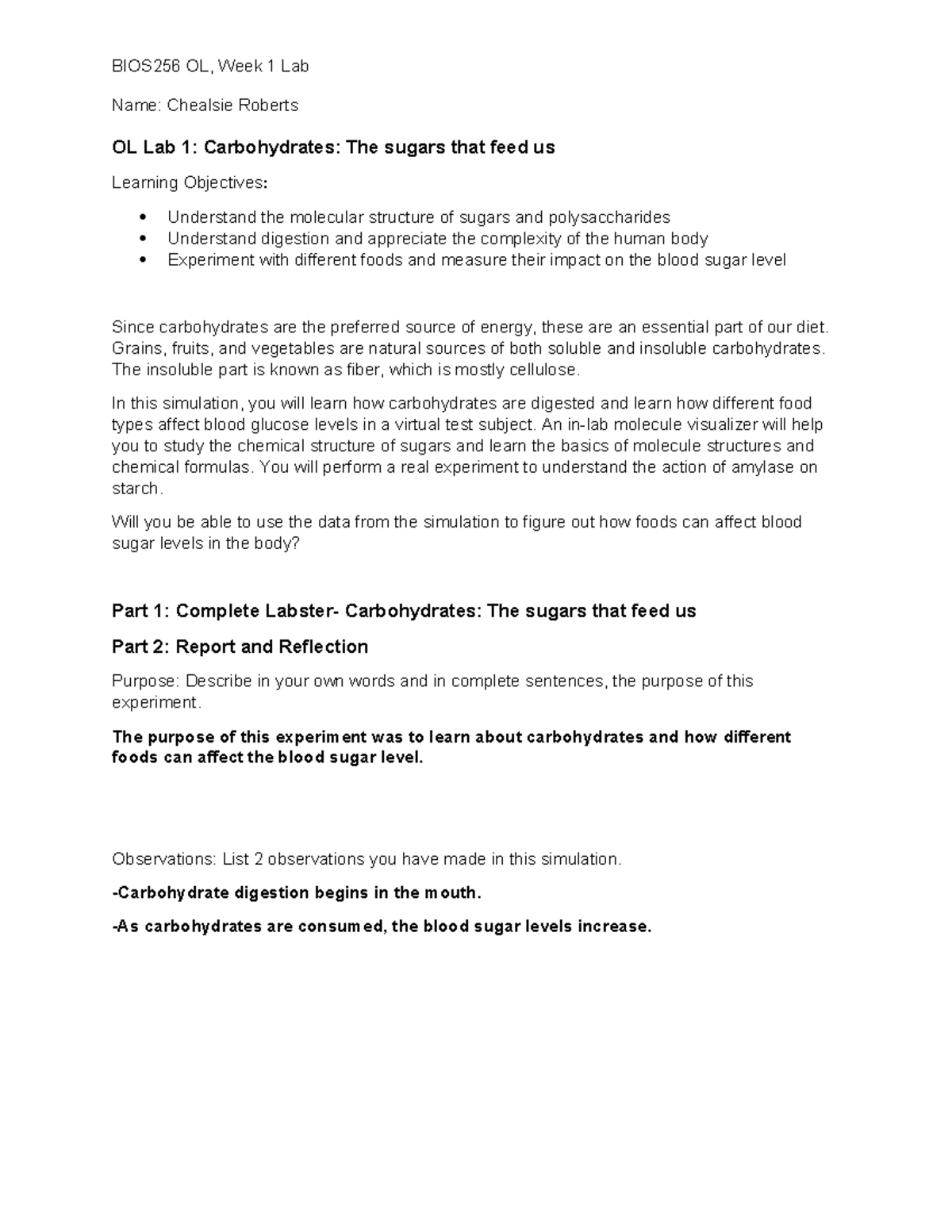 Week 1 Lab Report - Name: Chealsie Roberts OL Lab 1: Carbohydrates: The ...