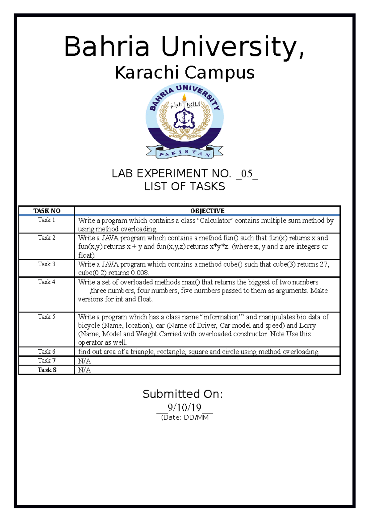 Lab5 Opp Concepts Bahria University Karachi Campus Lab Experiment No 05 List Of Tasks Task