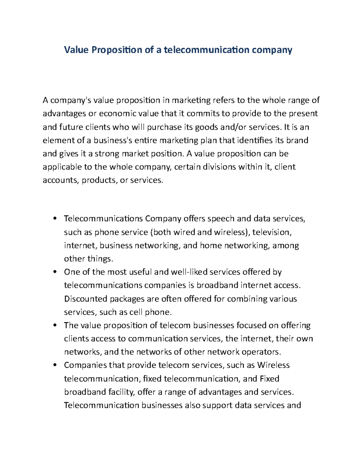 Value Proposition of a telecommunication company - It is an element of a business's entire ...
