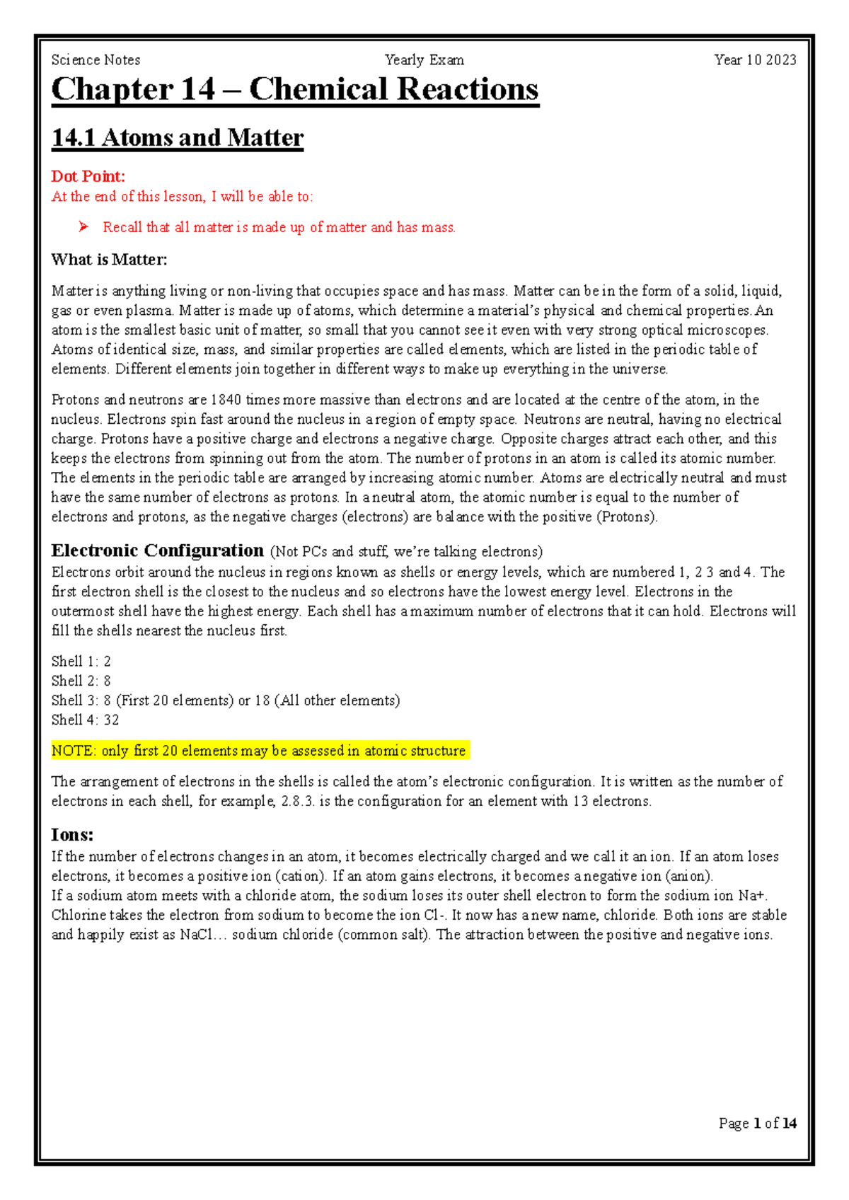 Science Notes - Chapter Fourteen Chemical Reactions - Chapter 14 ...