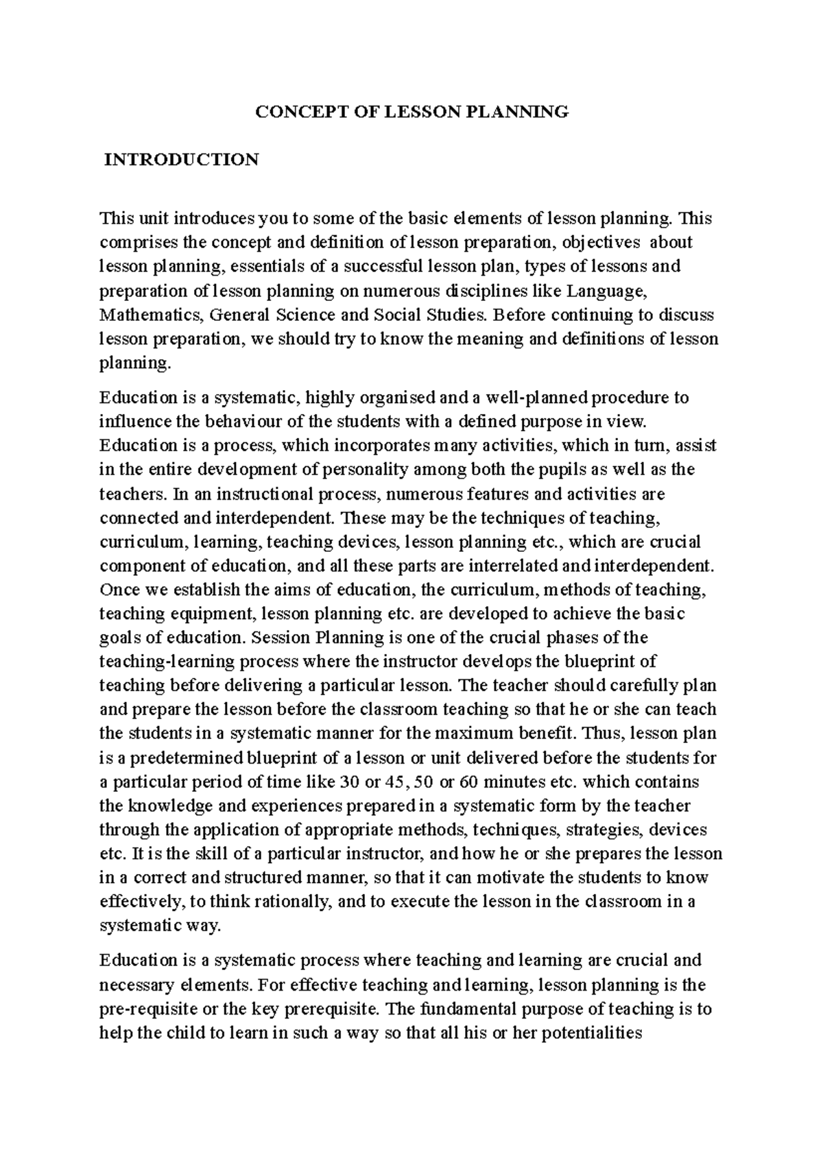 Concept OF Lesson Planning CONCEPT OF LESSON PLANNING INTRODUCTION 