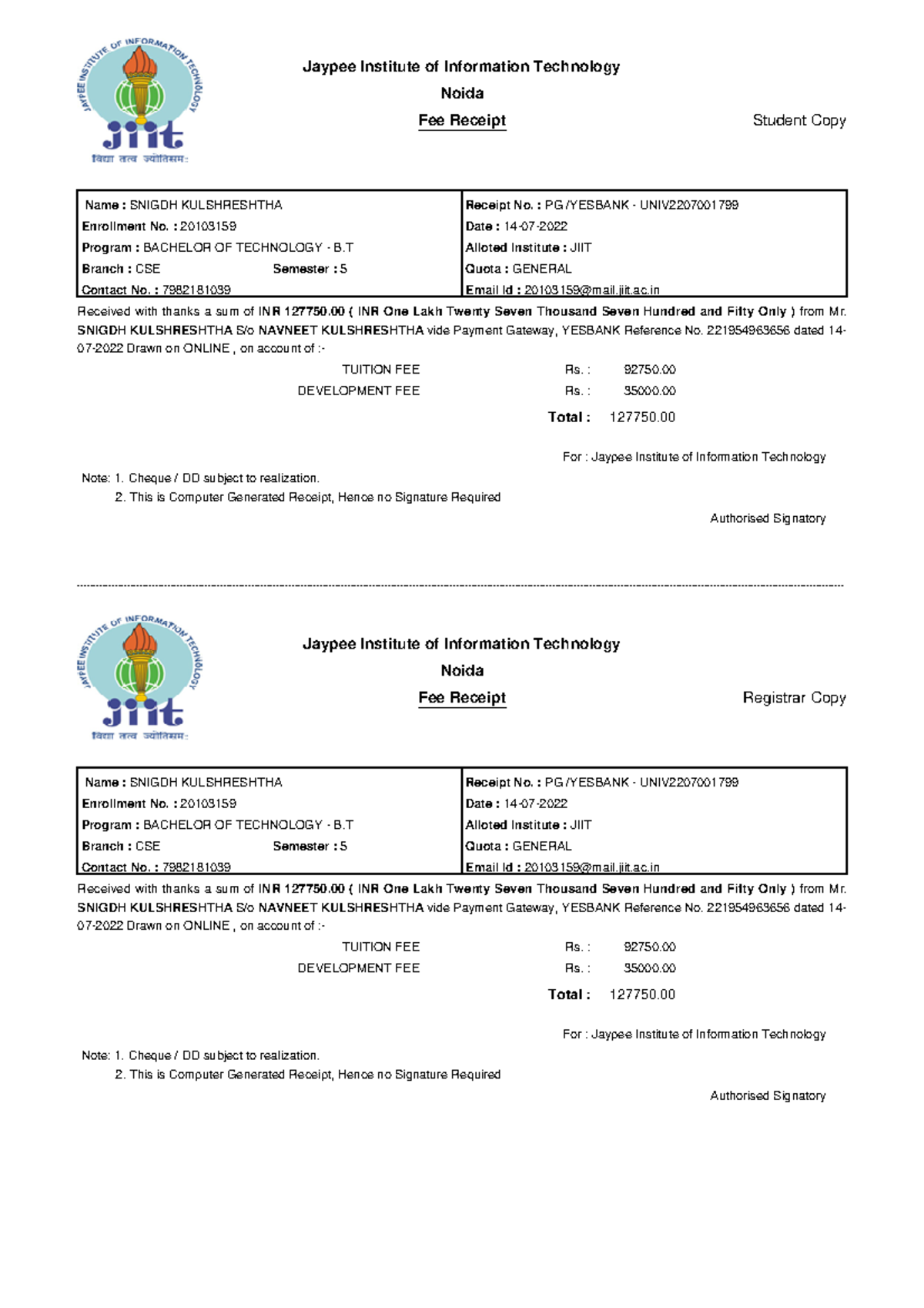 5th Sem Fees - Jaypee Institute of Information Technology Noida Fee ...