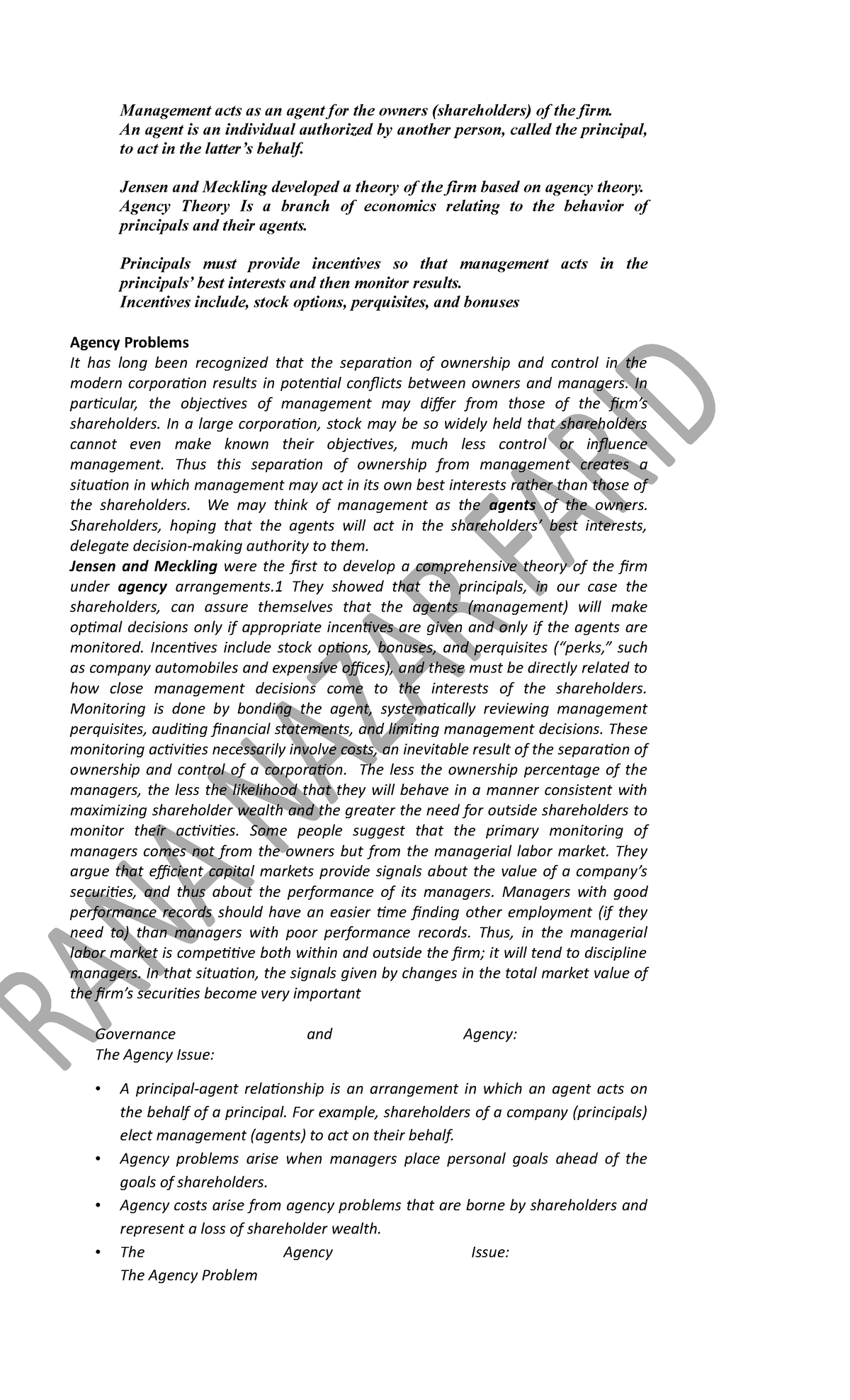 Agency issue notes - Management acts as an agent for the owners ...