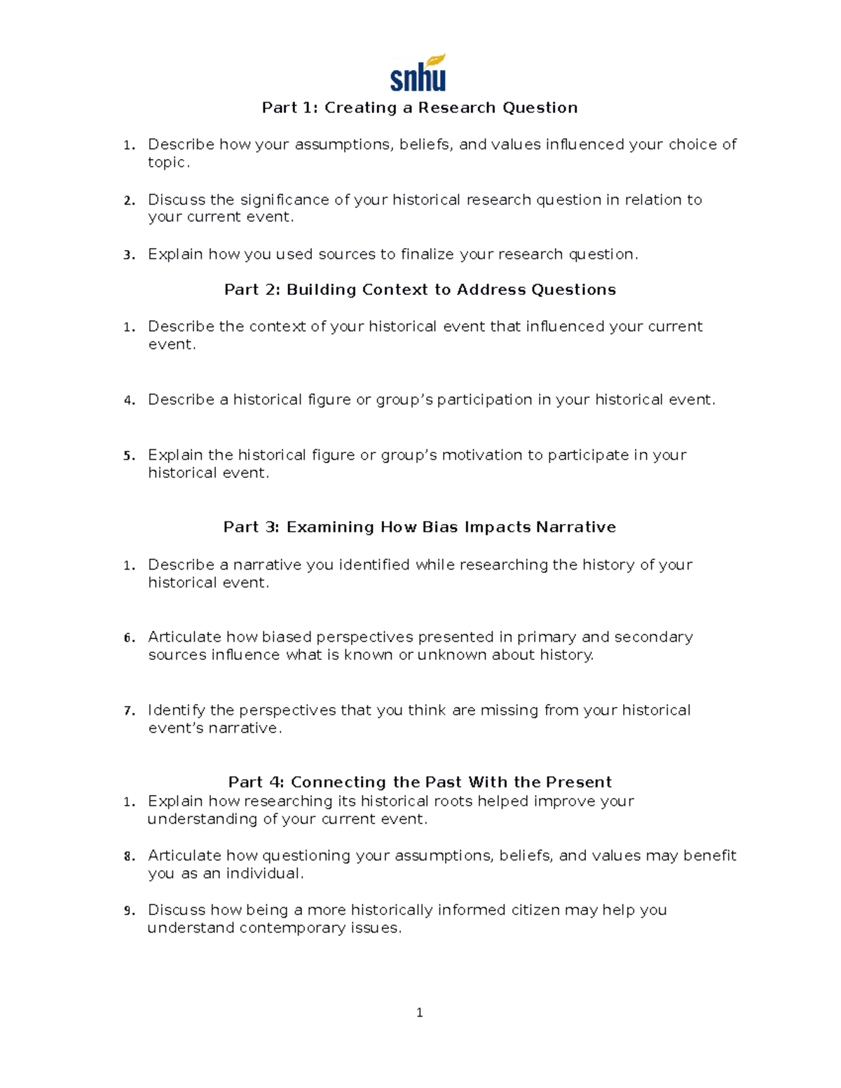 HIS 100 Project Temp - Part 1: Creating a Research Question Describe ...