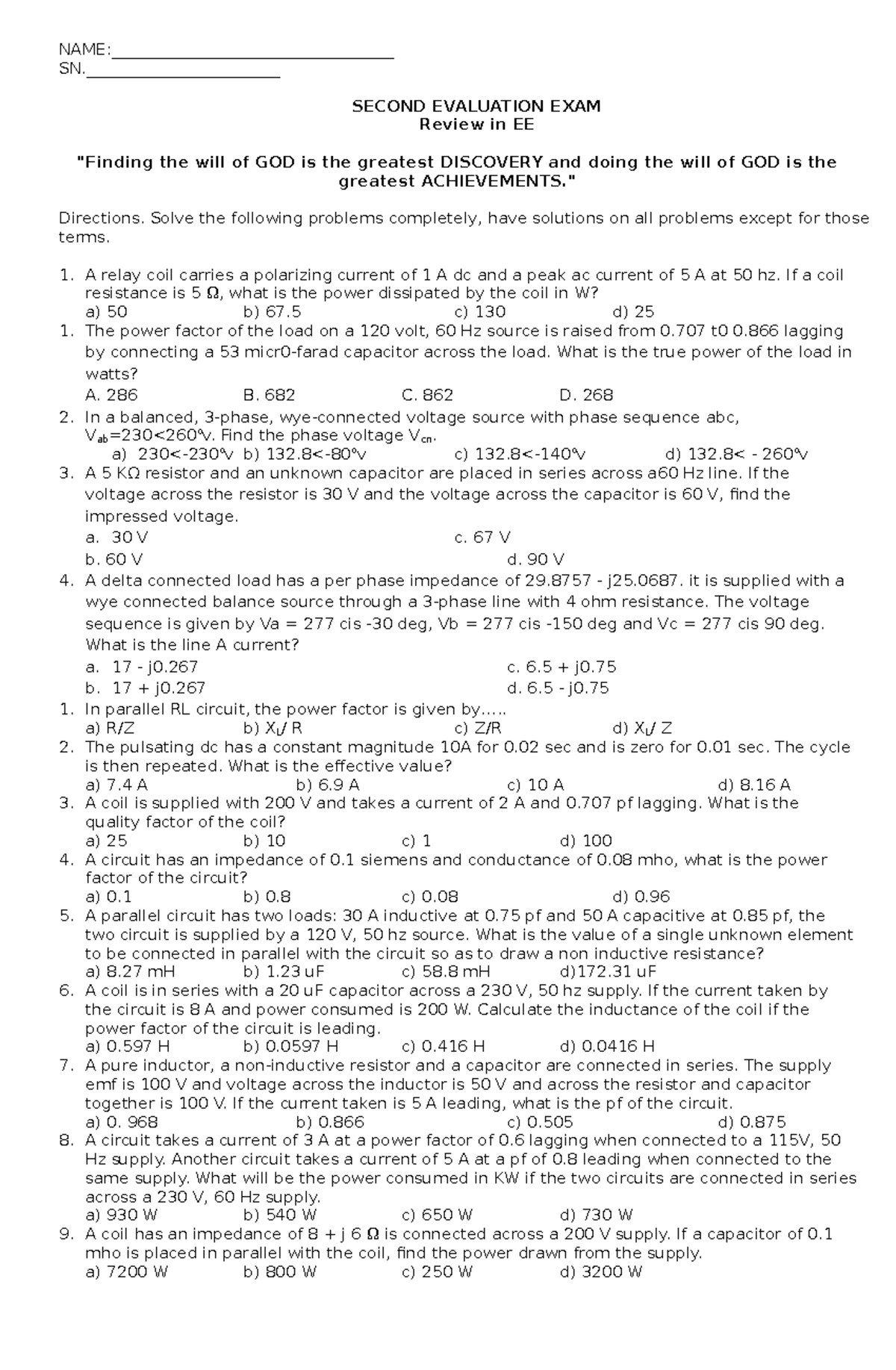 Exam in Circuits 2 and 3 Dc Circuits and Ac Circuit 1 phase - - Studocu