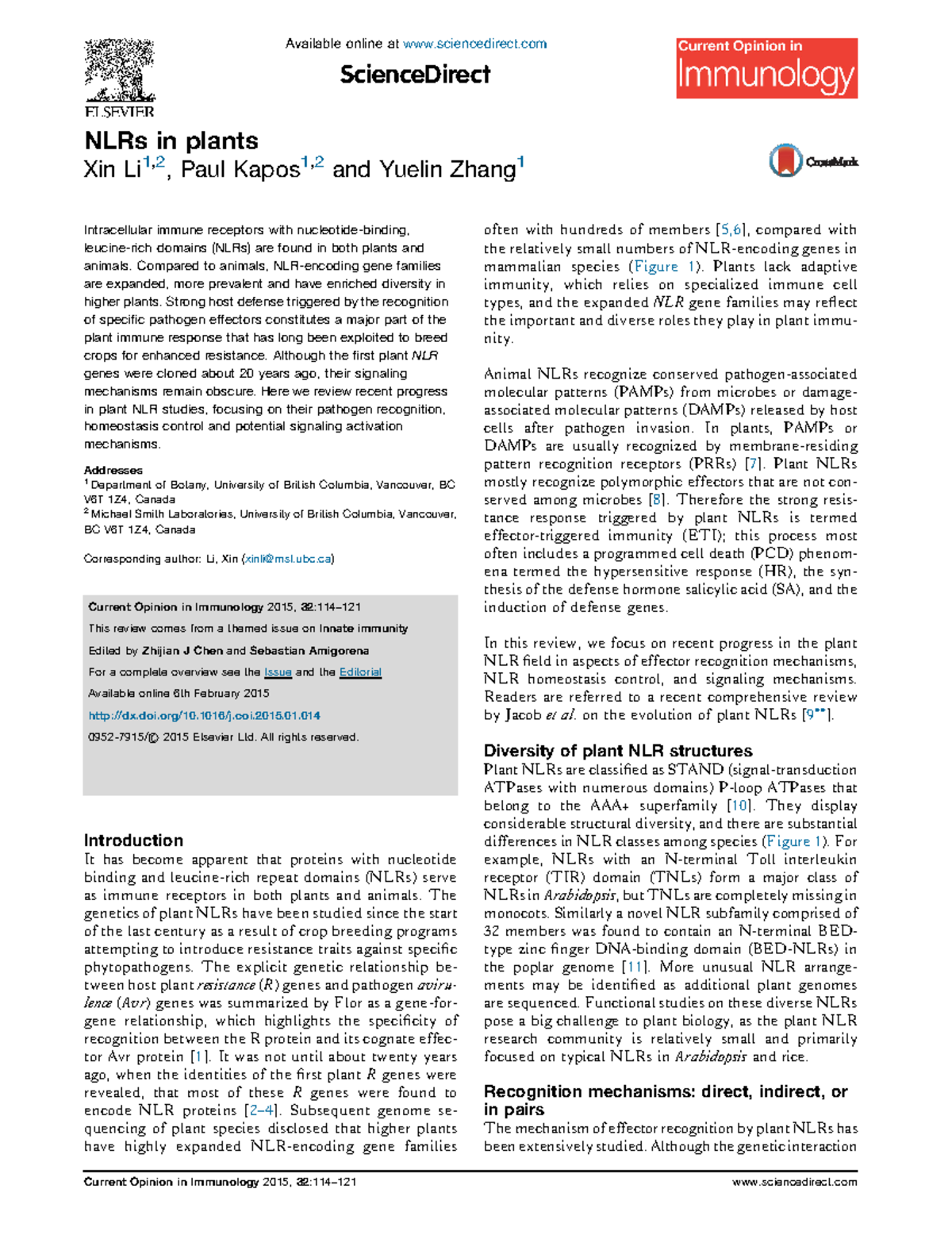 1-s2 - science - NLRs in plants Xin Li 1 , 2 , Paul Kapos 1 , 2 and ...