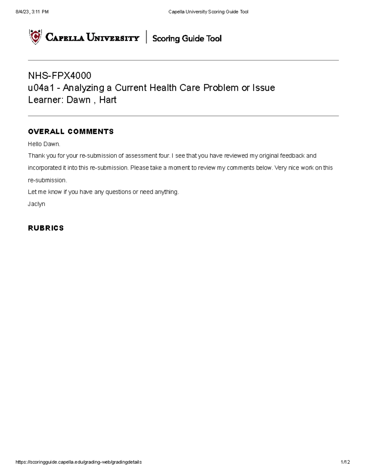 Capella University Scoring Feeback 4 - NHS-FPX4000 - CU - Studocu