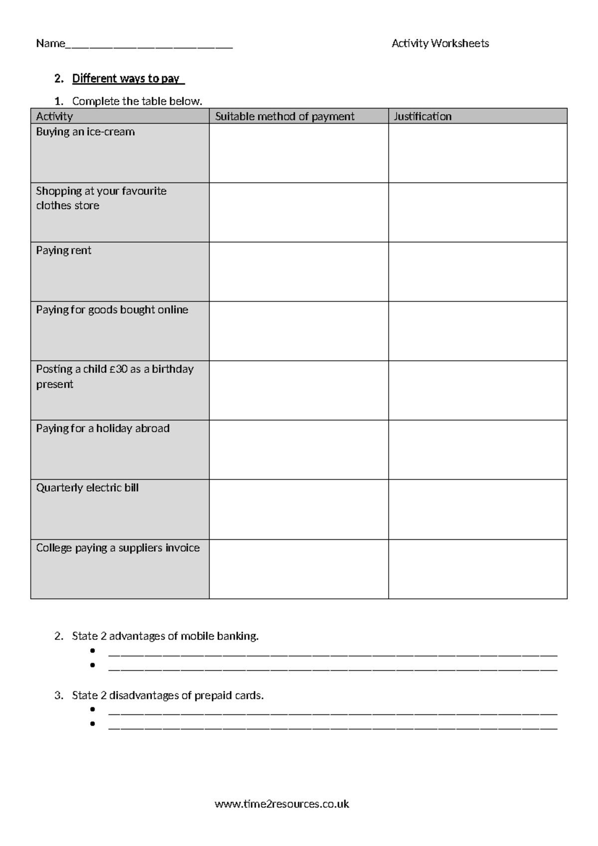 Functions and Role of Money - Name____________________________ Activity ...