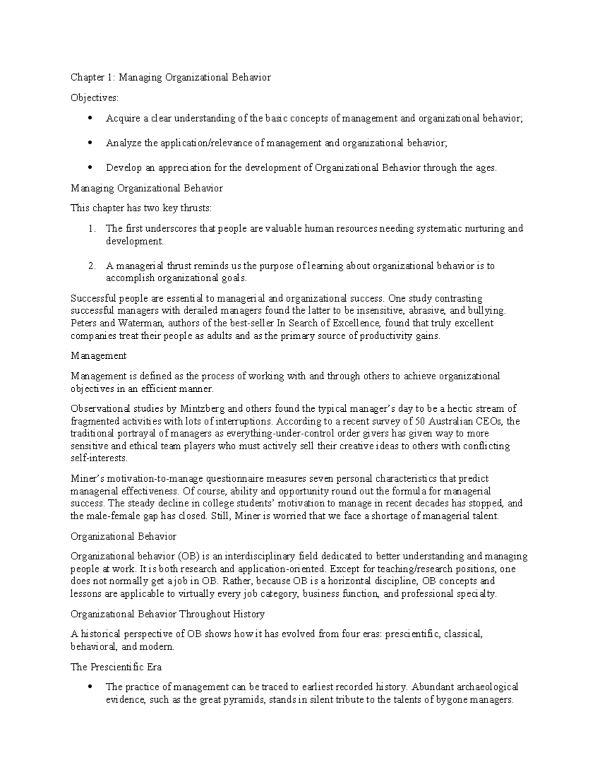 HBO Chapters 1 to 2 - notes for prelims - Chapter 1: Managing ...