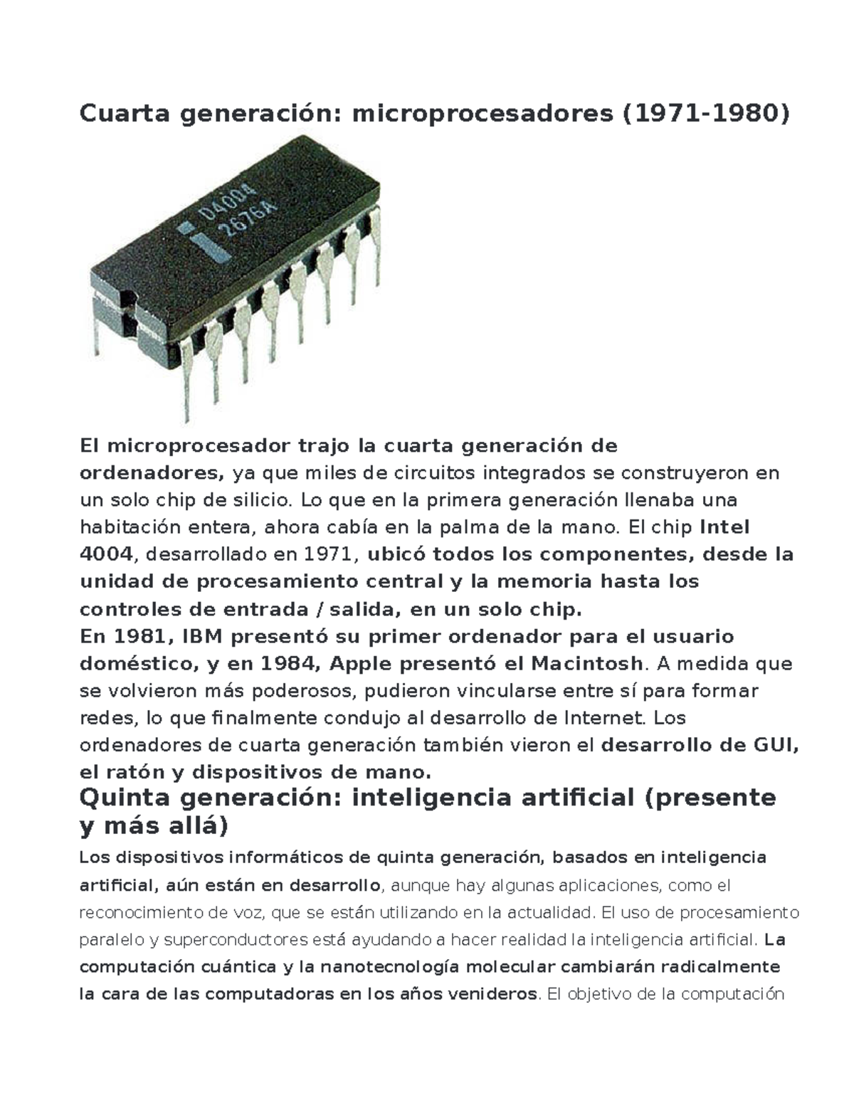 Cuarta generación - componentes - Cuarta generación: microprocesadores ...