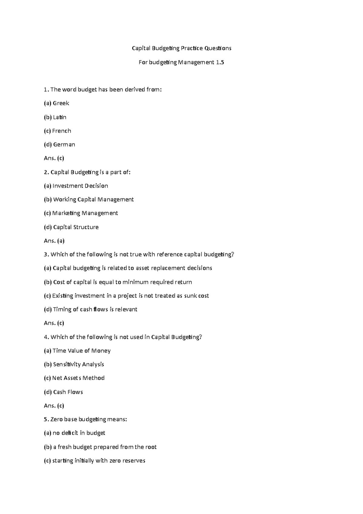 Capital Budgeting Practice Questions For budgeting Management 1.5 - The ...