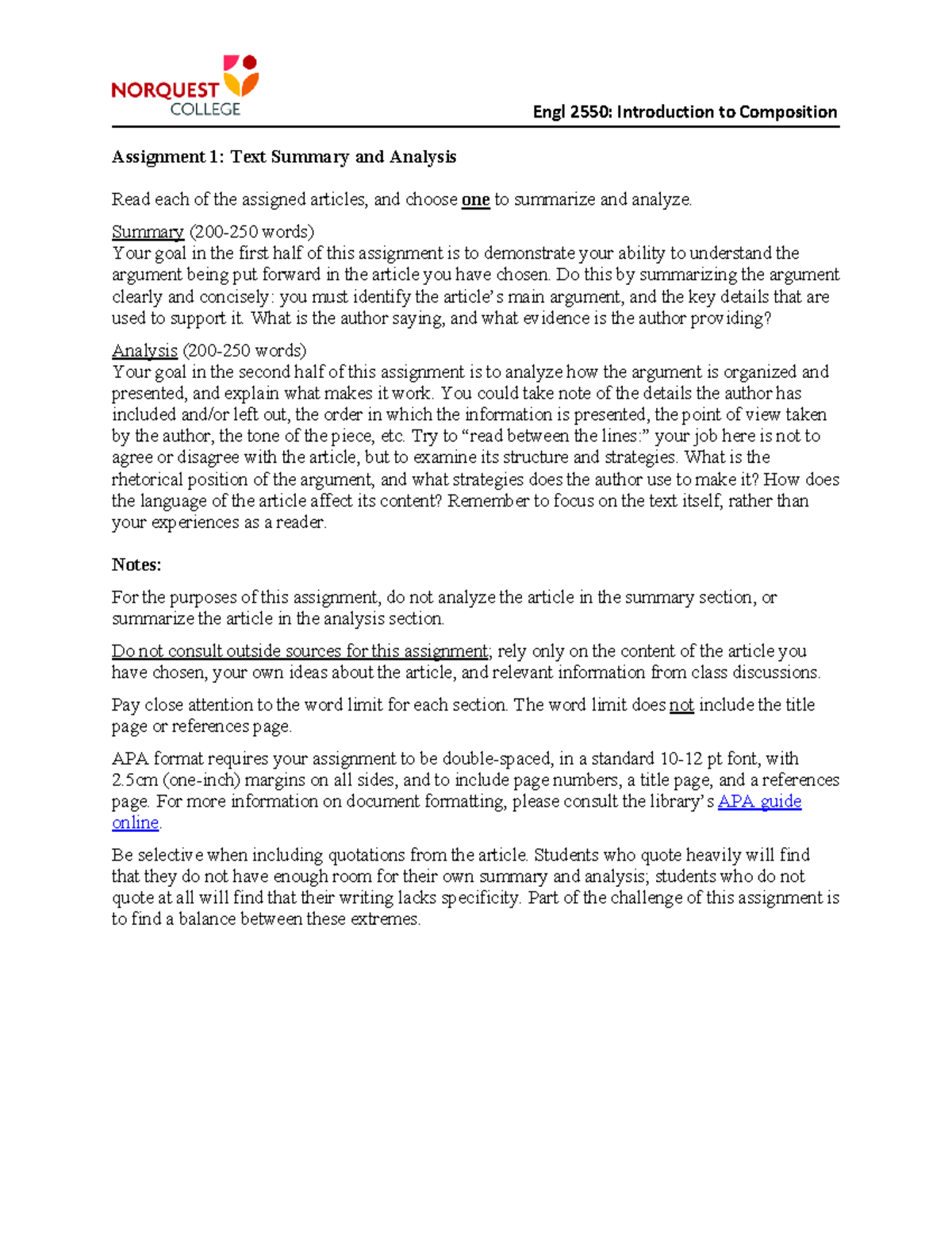 Assignment 1 APA 7 Update for all stdents - Engl 2550: Introduction to Composition Assignment 1 ...