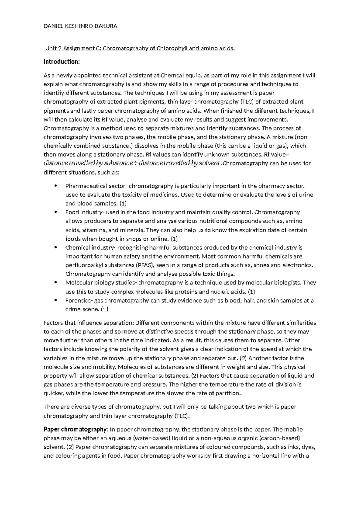 Applied Science Course Work - Unit 2 Assignment C: Chromatography of ...
