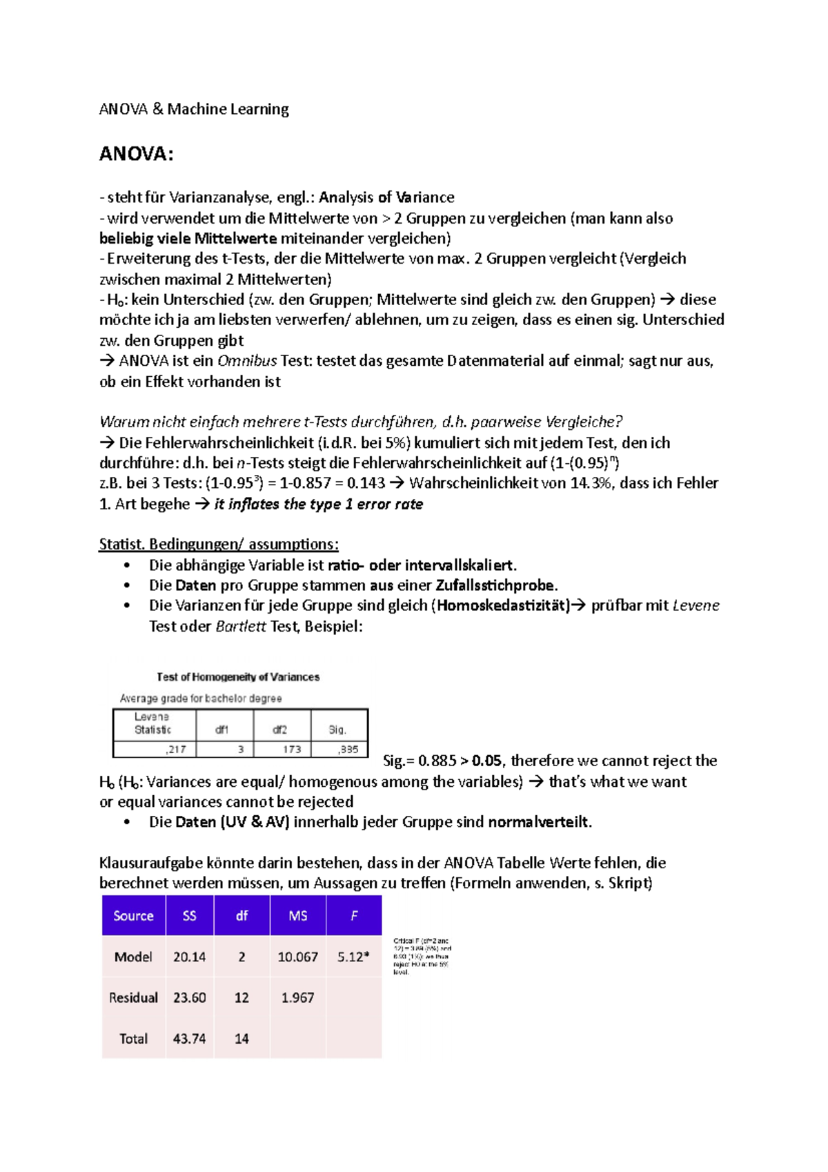 C8-9 Anova + Machine Learning - ANOVA & Machine Learning ANOVA: steht für Varianzanalyse, engl ...