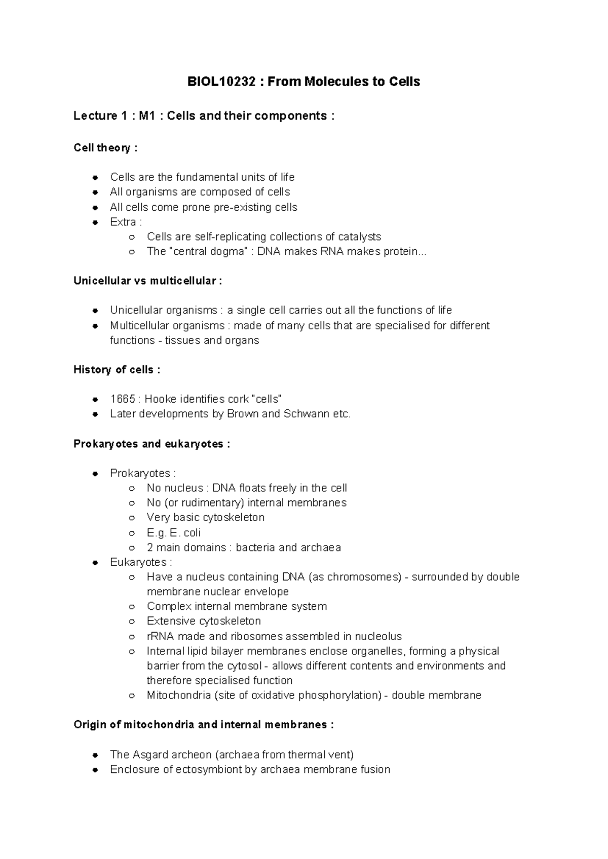 From Molecules to Cell 10232 Notes - BIOL10232 : From Molecules to ...
