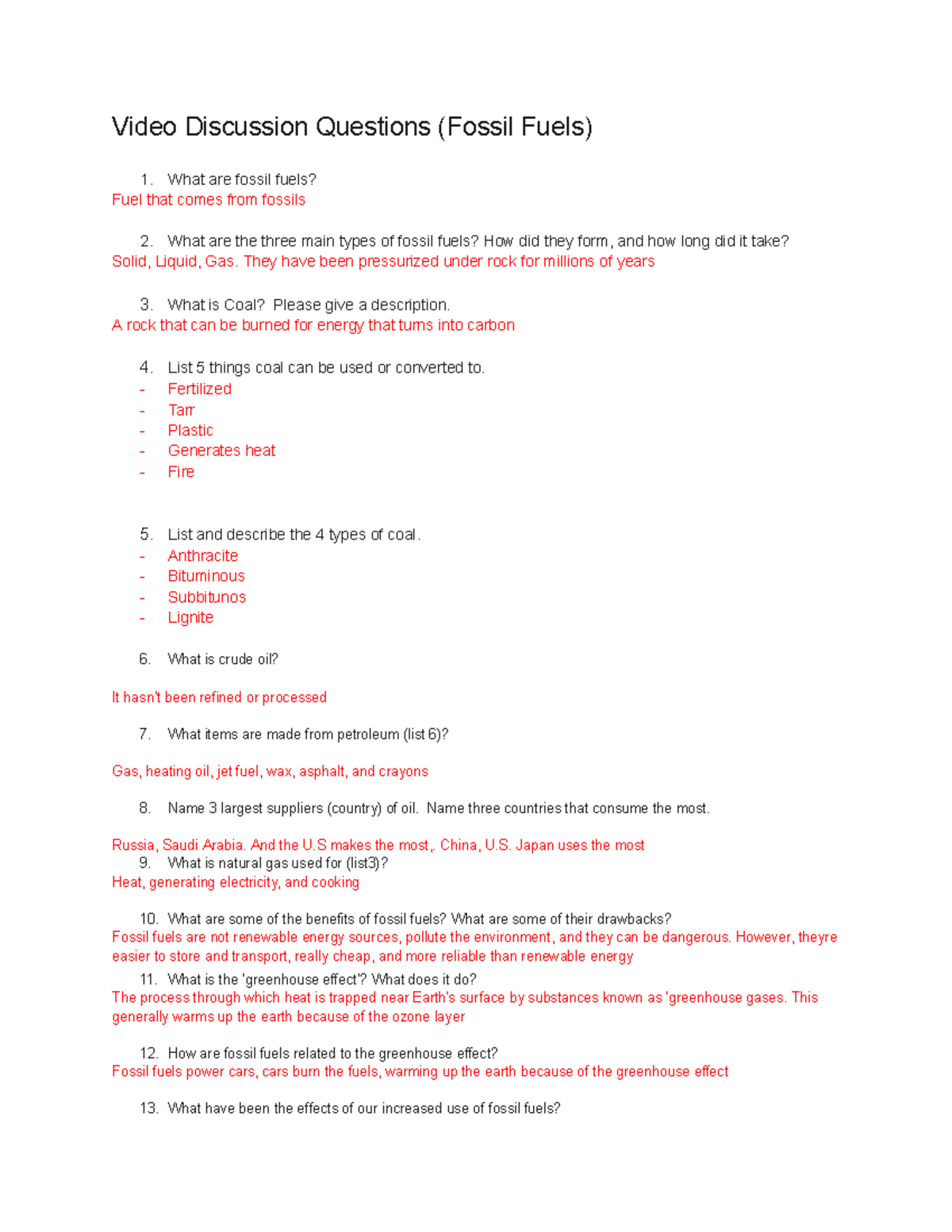Video Discussion Questions (Fossil Fuels) - What are fossil fuels? Fuel ...