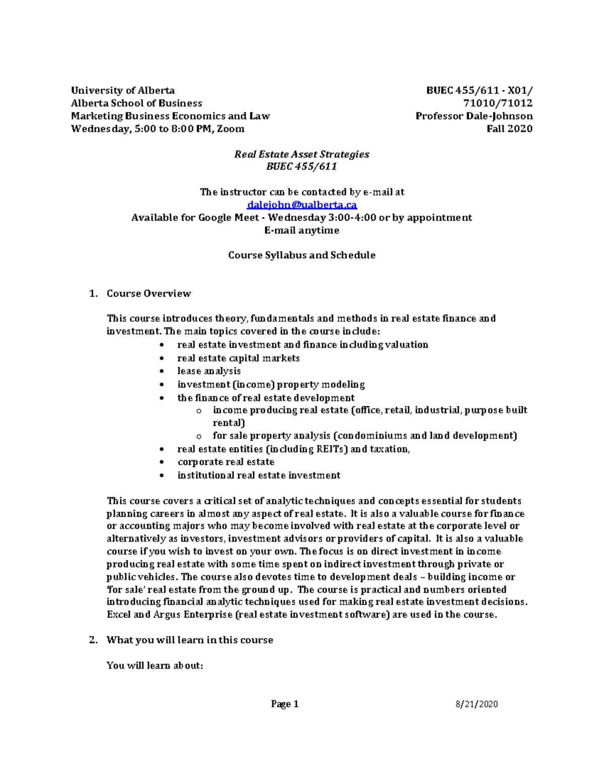 2020 Fall BUEC 455 Lecture X01 - University of Alberta BUEC 4 55 /611 ...