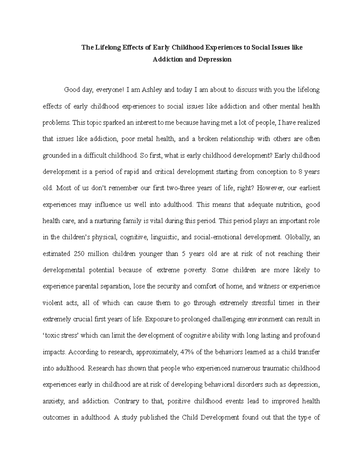 Flash TALK Speech - The Lifelong Effects of Early Childhood Experiences ...