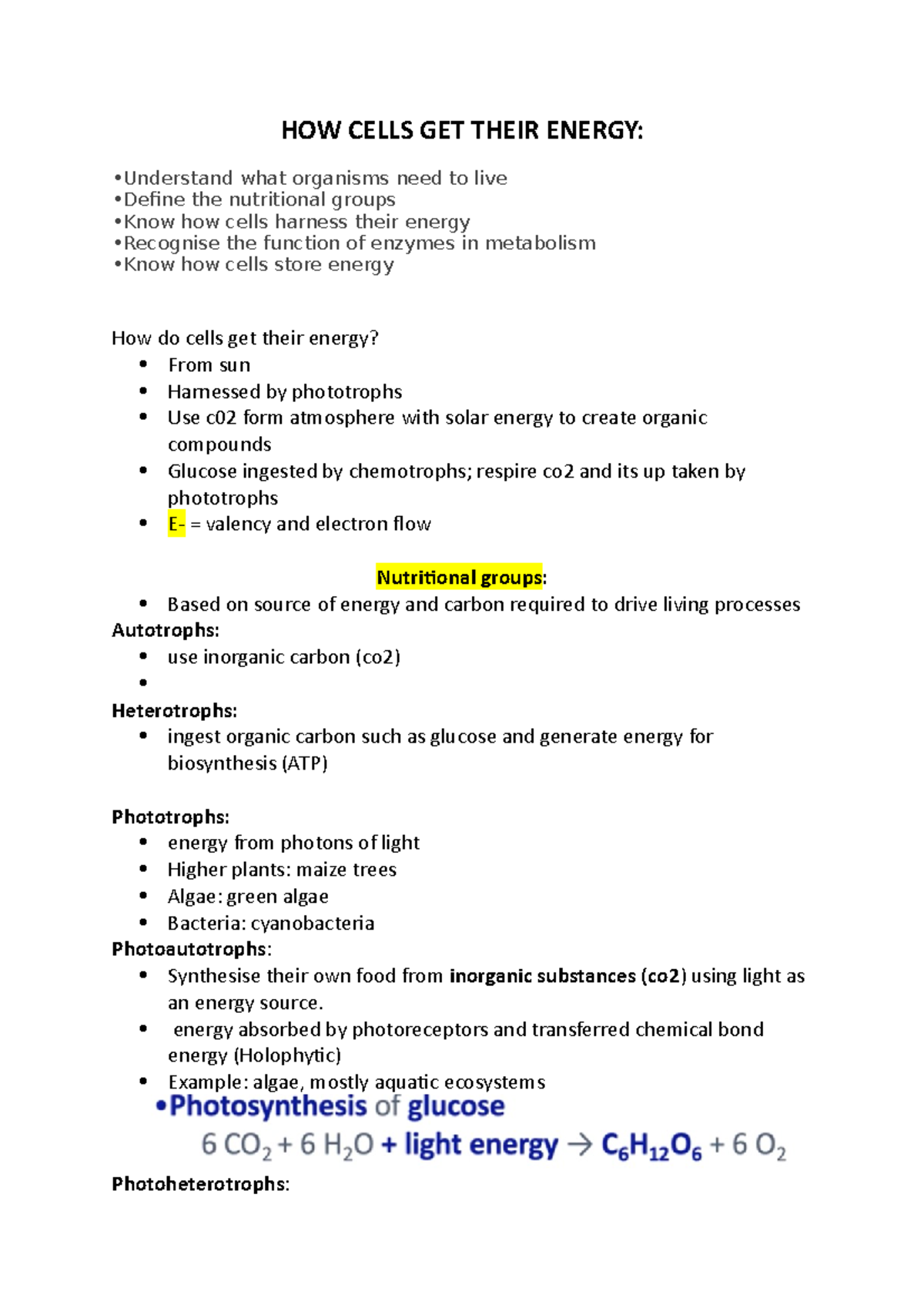 Lecture 8 How cells work - HOW CELLS GET THEIR ENERGY: •Understand what ...