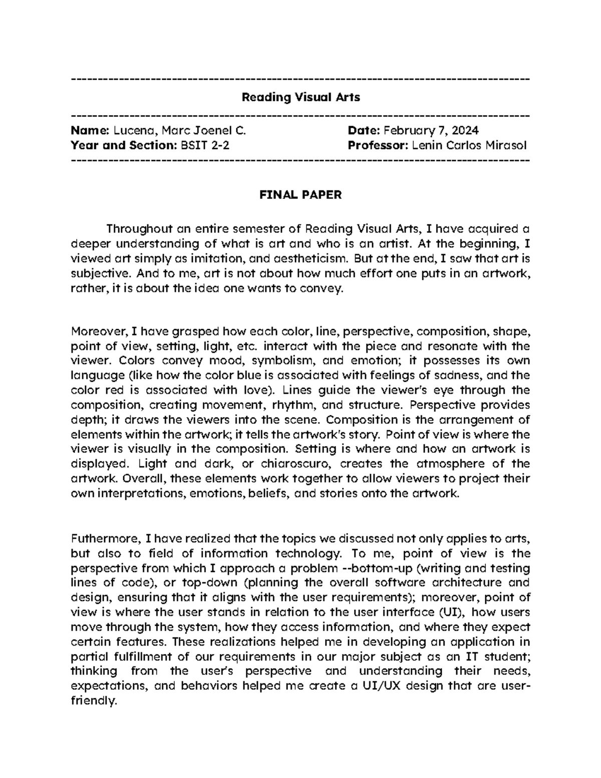 Lucena, Marc Joenel C. - Final Paper - Reading Visual Arts Name: Lucena, Marc Joenel C. Date ...