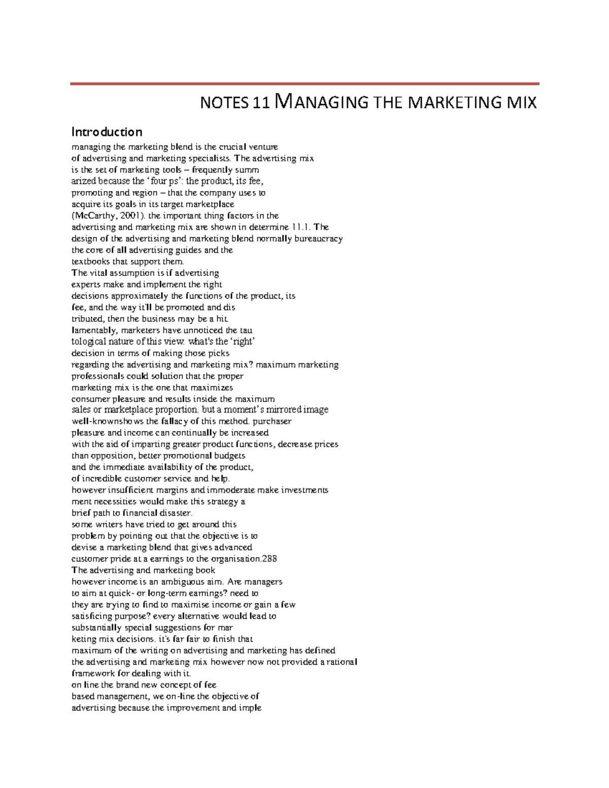 Notes 11 Managing the marketing mix - NOTES 11 MANAGING THE MARKETING ...