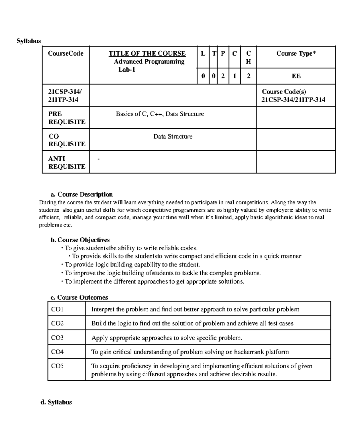 Advanced Programming Lab -1 Syllabus - Syllabus CourseCode TITLE OF THE ...
