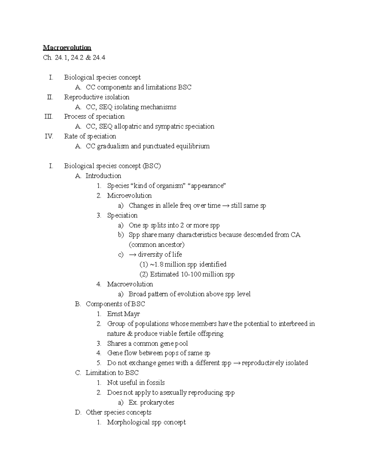 gen bio 1 Lecture 21 - Macroevolution Ch. 24, 24 & 24. I. Biological species concept A. CC - Studocu