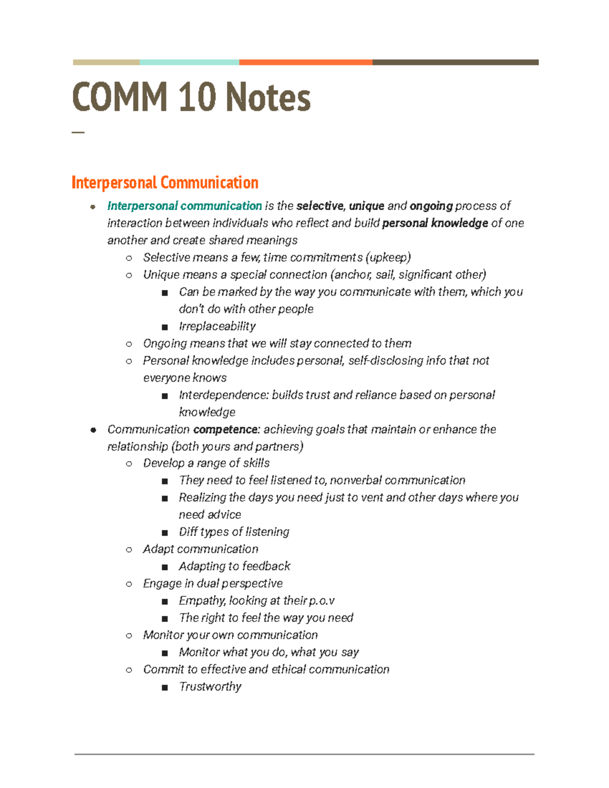 COMM 10 Notes - COMM 10 Notes ─ Interpersonal Communication ...