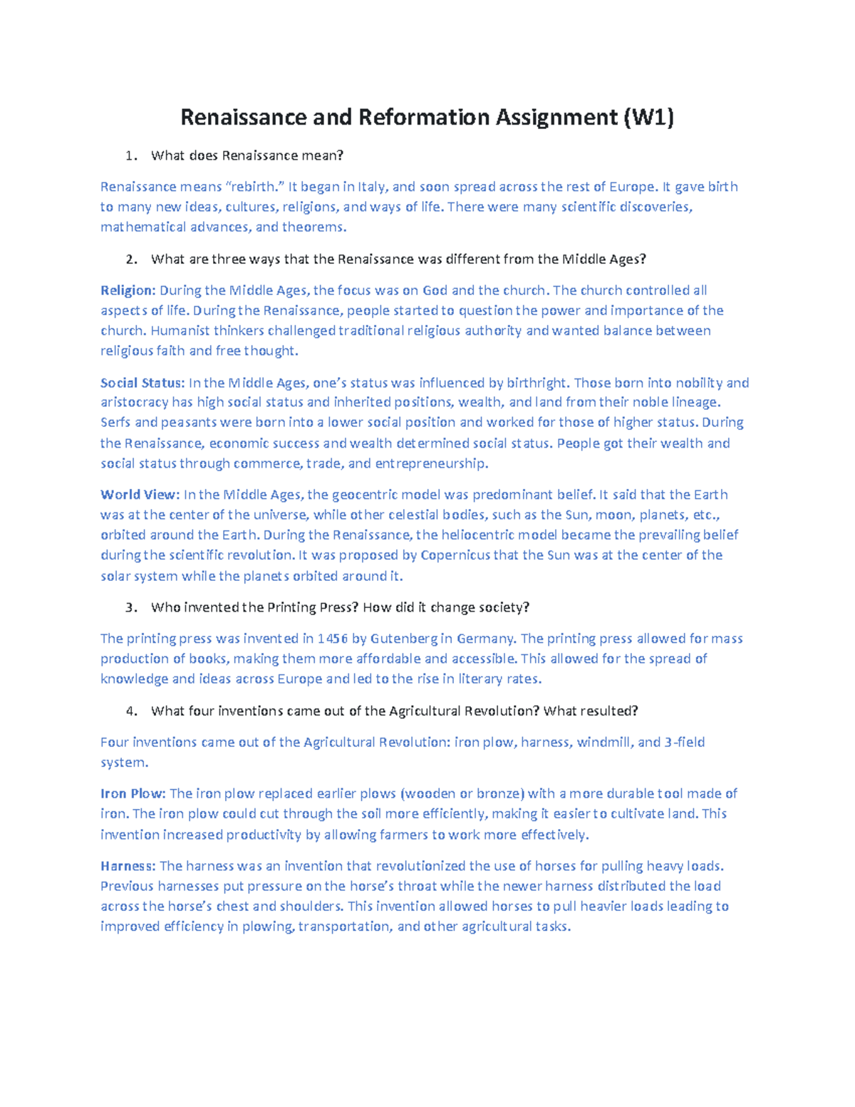 Renaissance and Reformation Assignment (W1) - ” It began in Italy, and ...