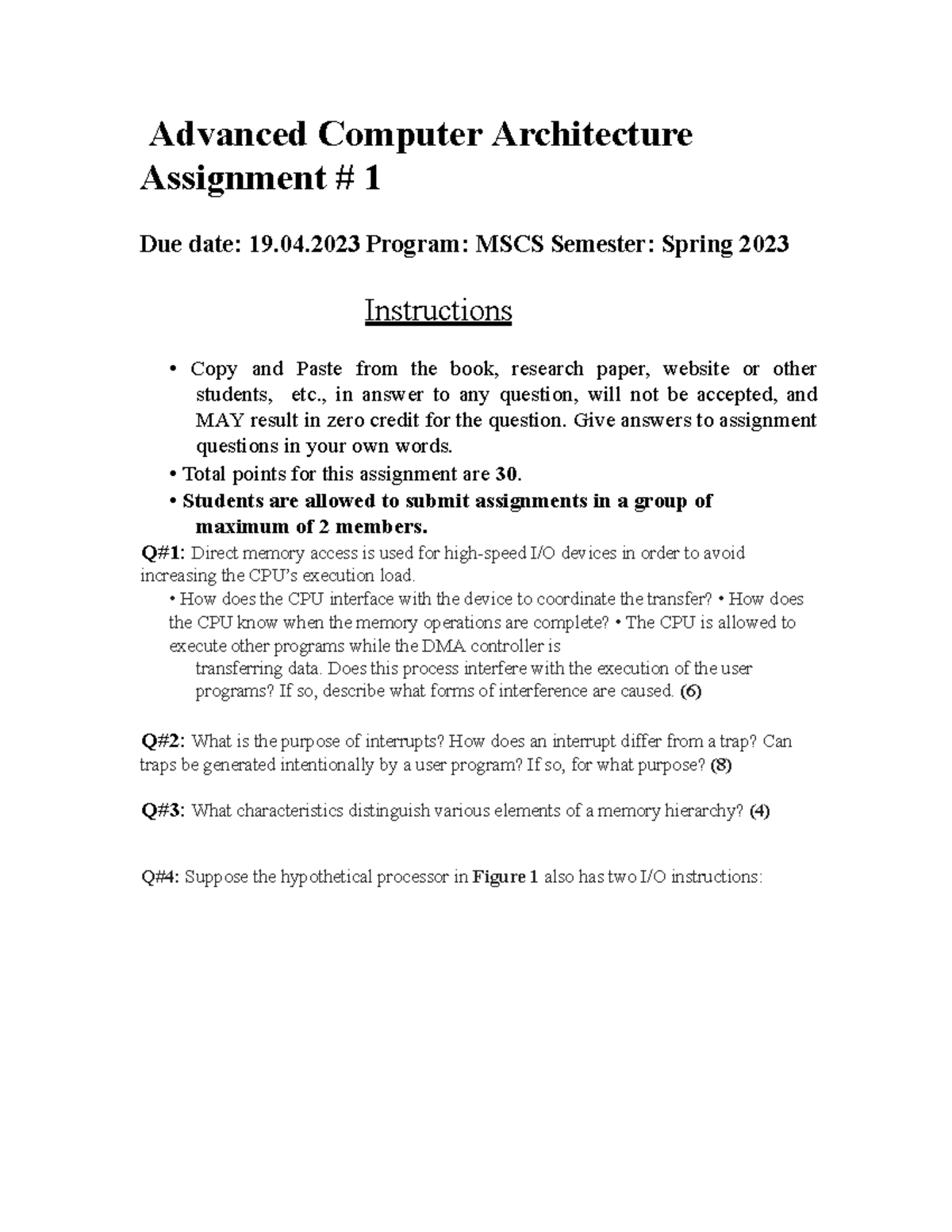 Assignment 1 - helping - Advanced Computer Architecture Assignment # 1 Due date: 19.04 Program ...