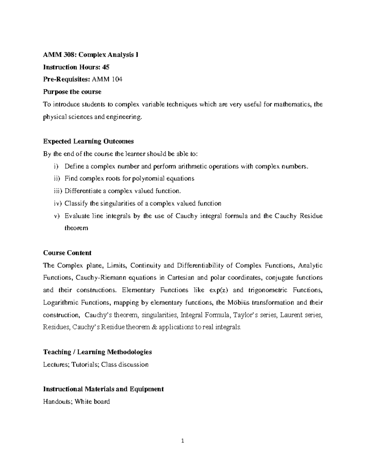Complex Analysis I Notes - AMM 308: Complex Analysis I Instruction ...