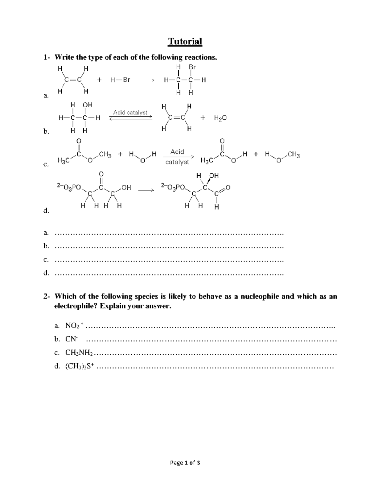 Organic Tutorial - Page 1 of 3 Tutorial 1- Write the type of each of ...